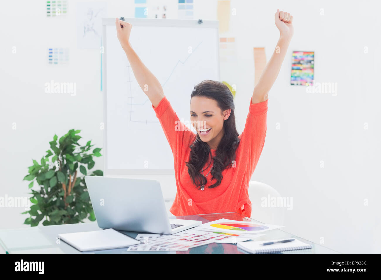 Excited woman raising her arms while working on her laptop Stock Photo ...