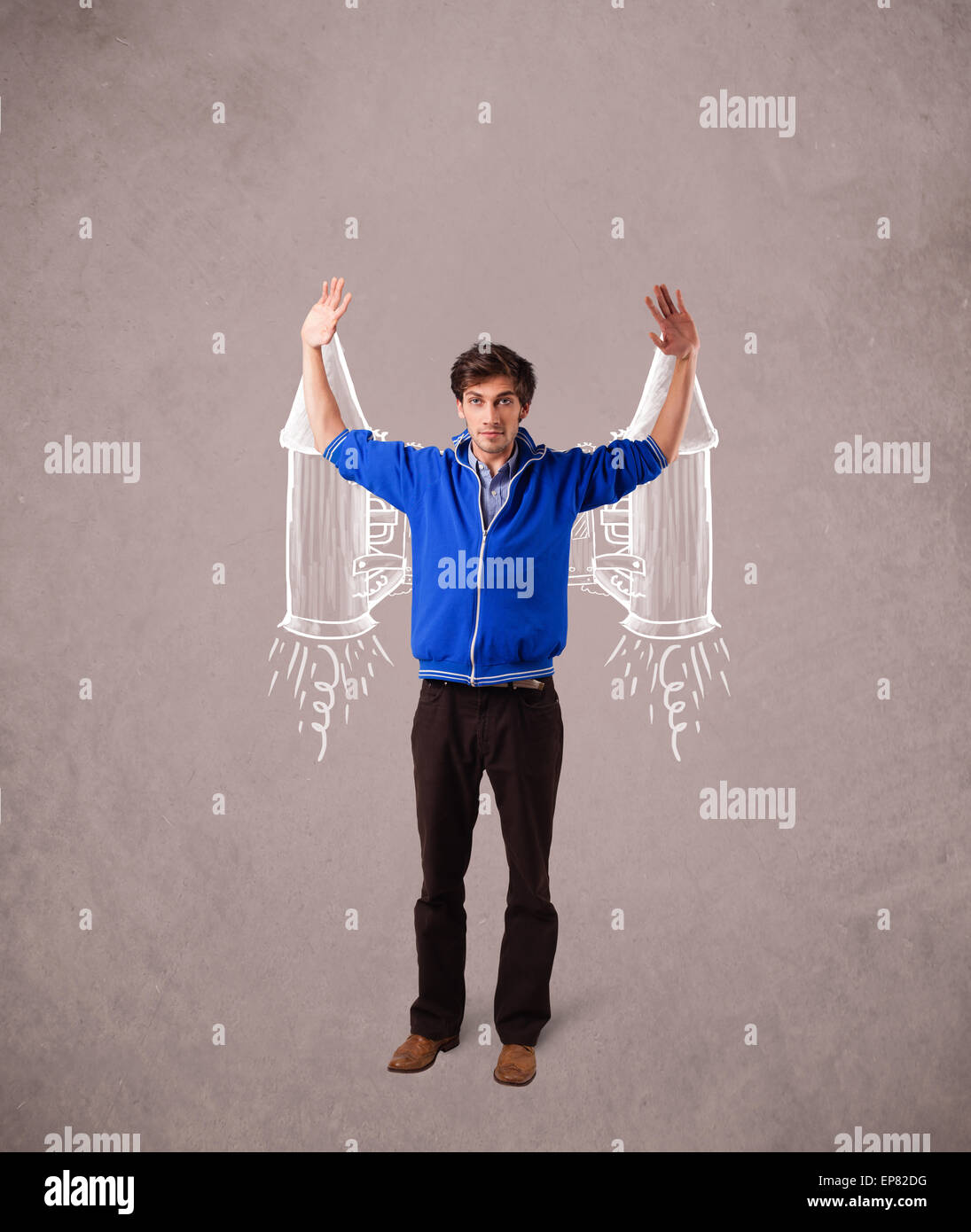 Cute man with jet pack rocket drawing illustration Stock Photo - Alamy