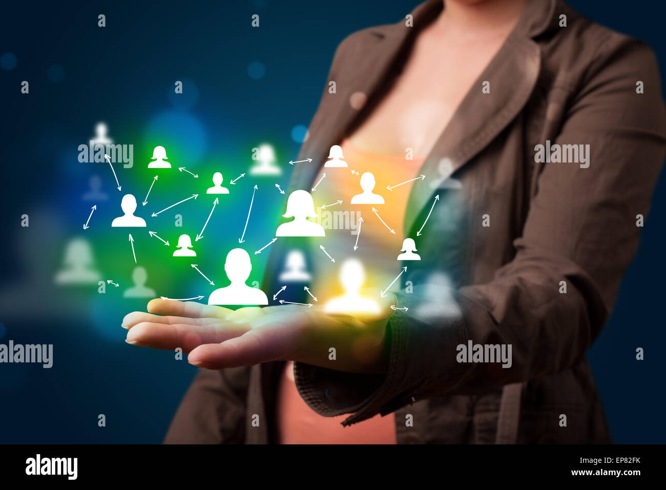 Young woman presenting modern technology social network map Stock Photo ...