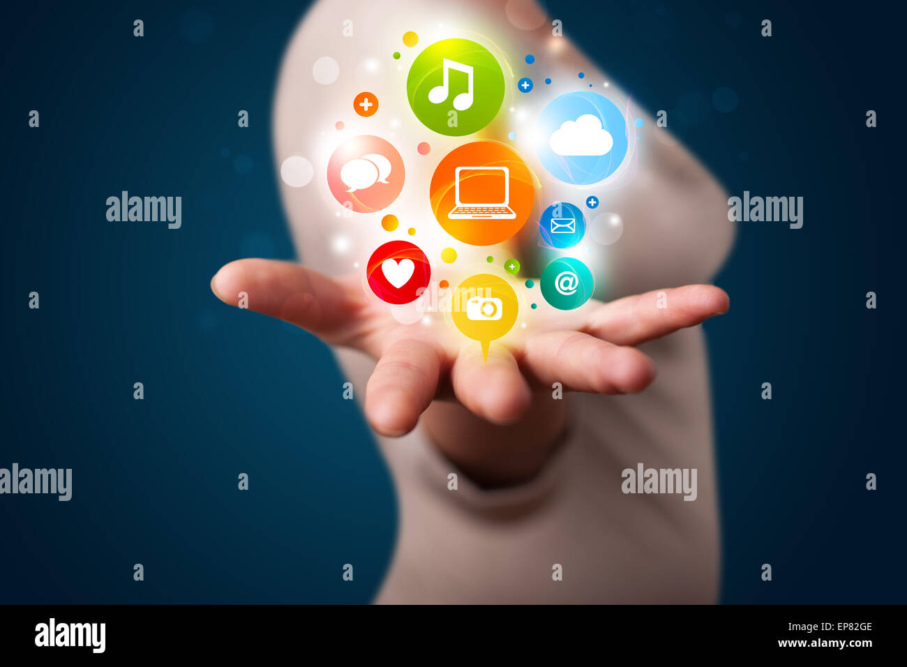 Young woman presenting colorful technology icons and symbols Stock ...