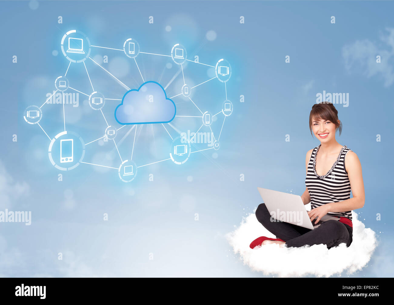 Happy woman sitting on cloud with cloud computing Stock Photo - Alamy