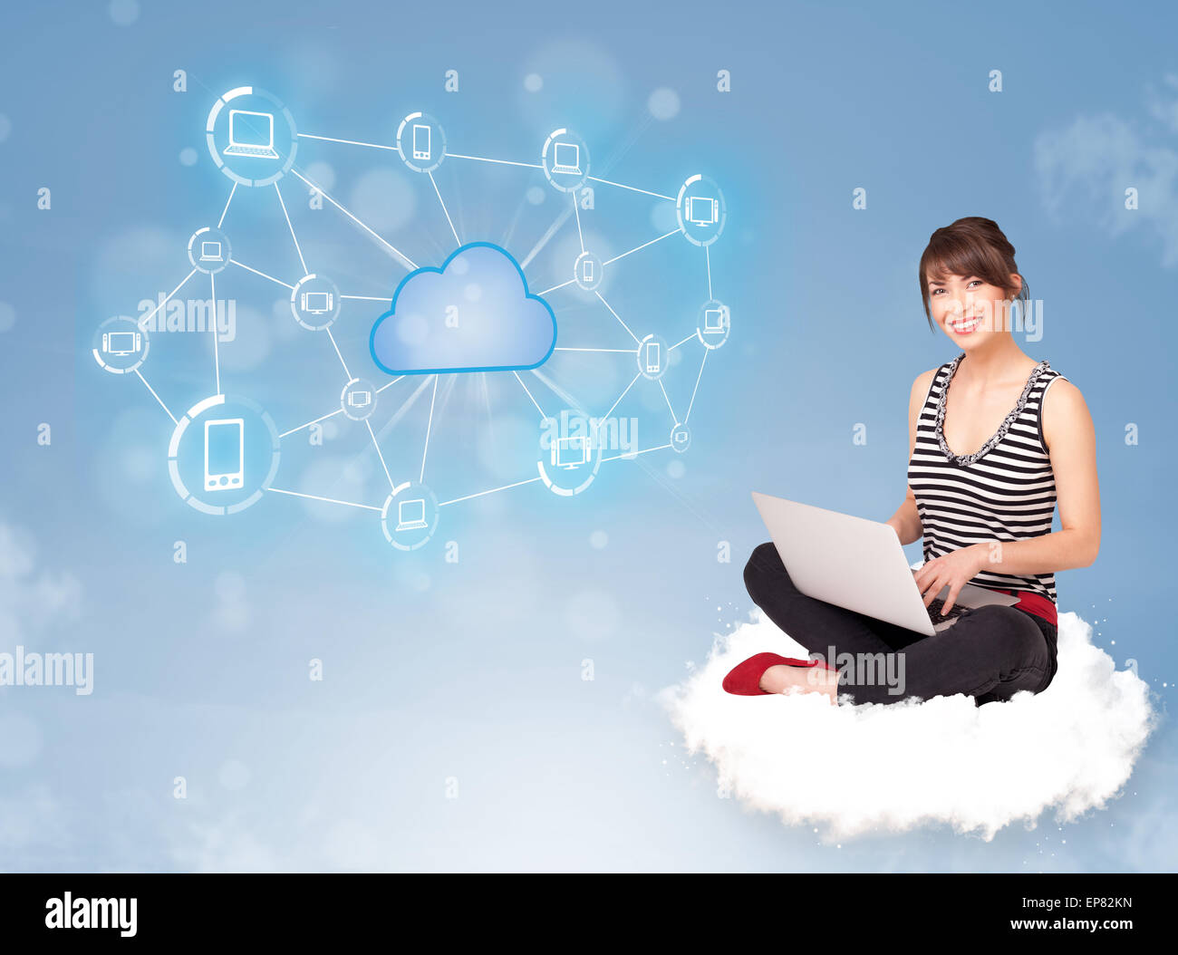 Happy woman sitting on cloud with cloud computing Stock Photo - Alamy