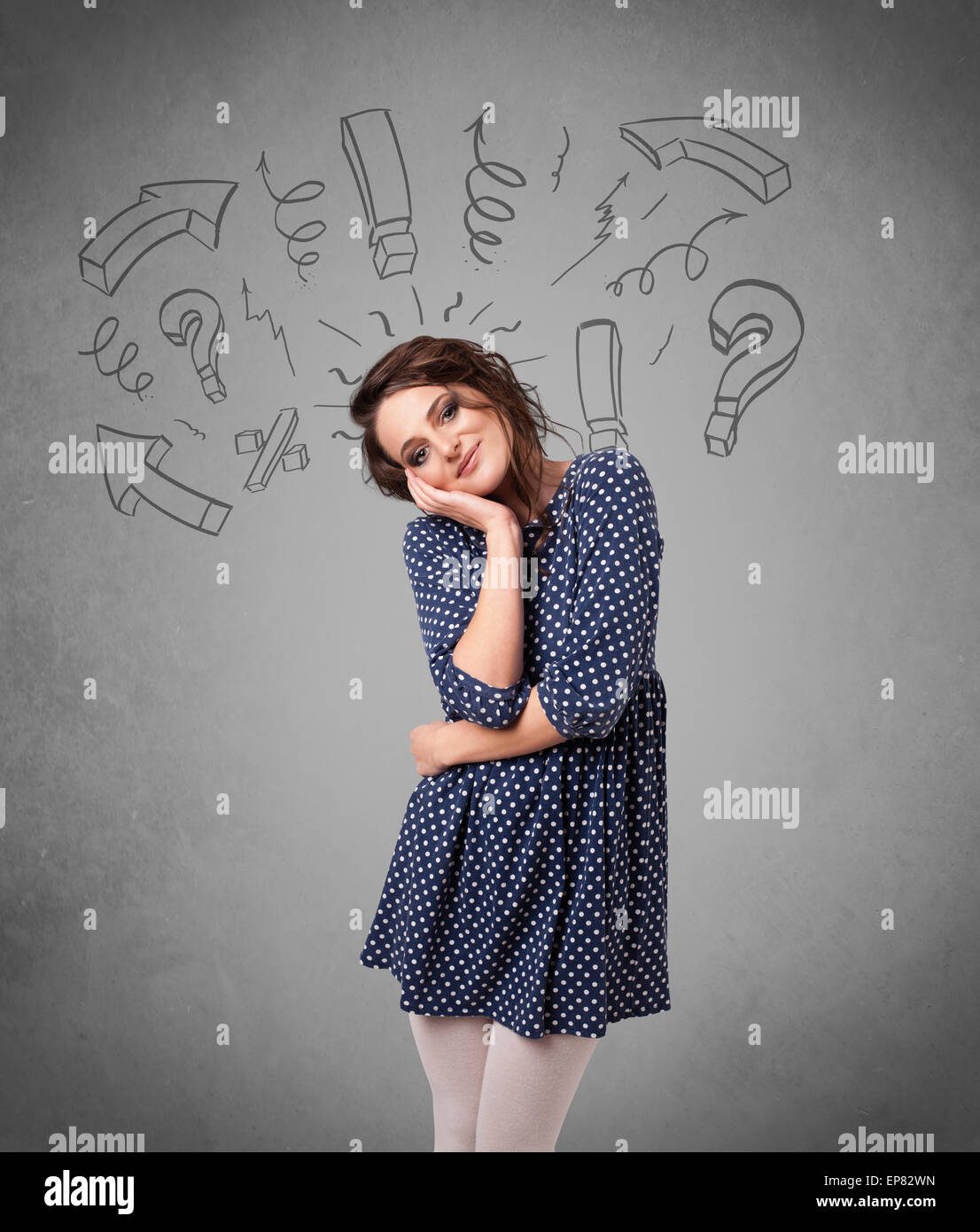 Cute young girl with question sign doodles Stock Photo - Alamy