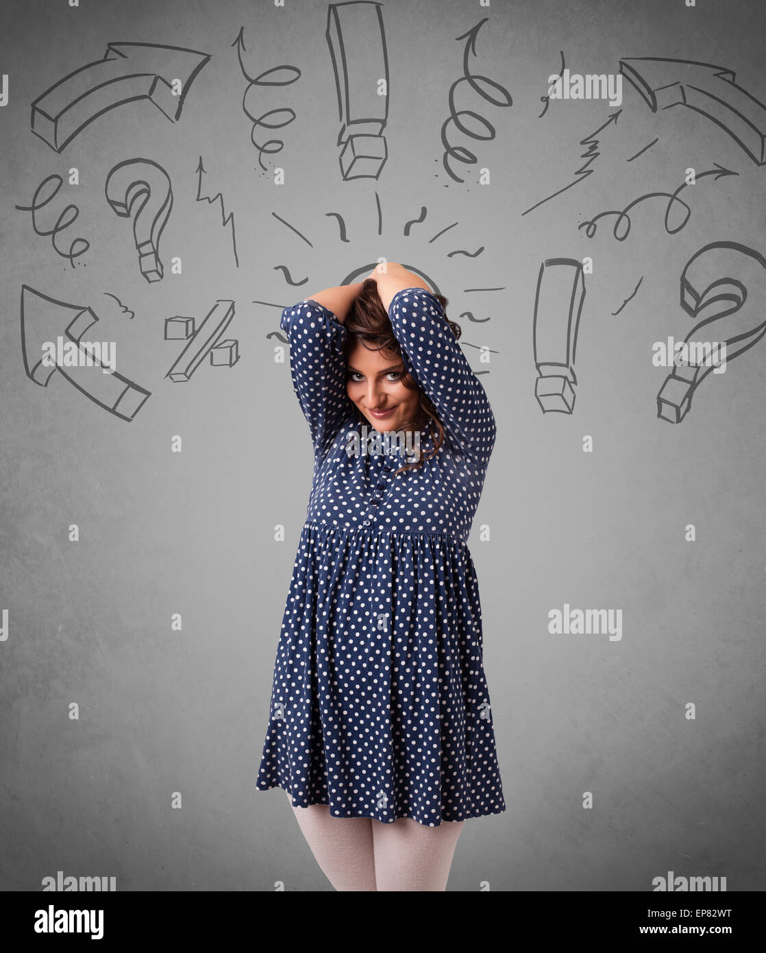 Cute young girl with question sign doodles Stock Photo - Alamy