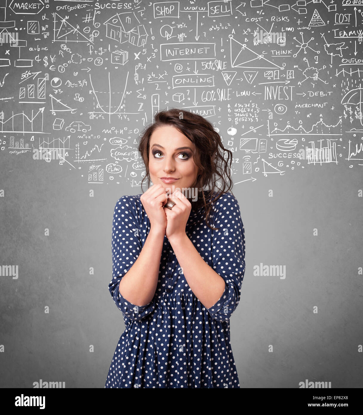 Young pretty lady with hand drawn calculations and icons Stock Photo ...