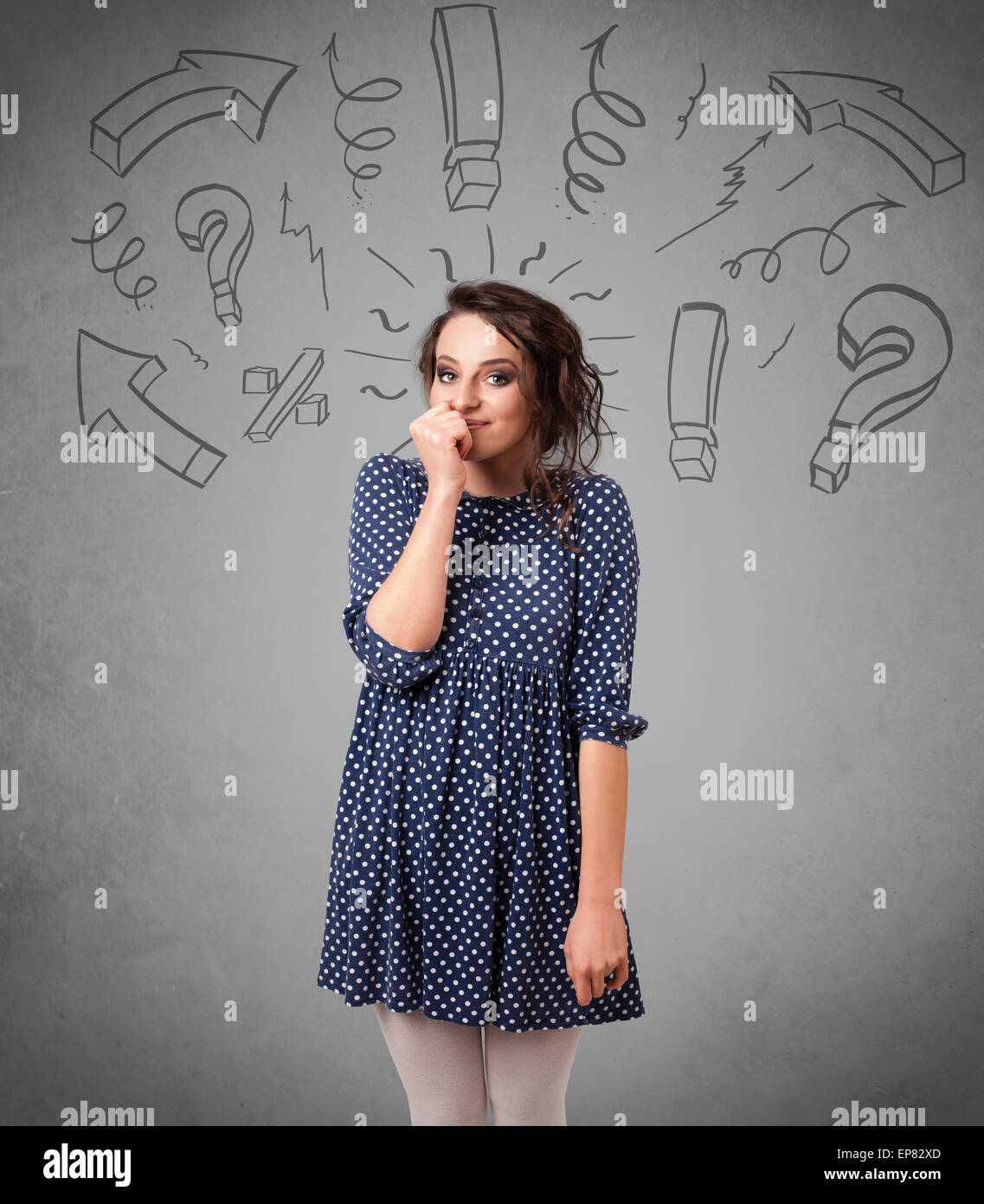 Cute young girl with question sign doodles Stock Photo - Alamy