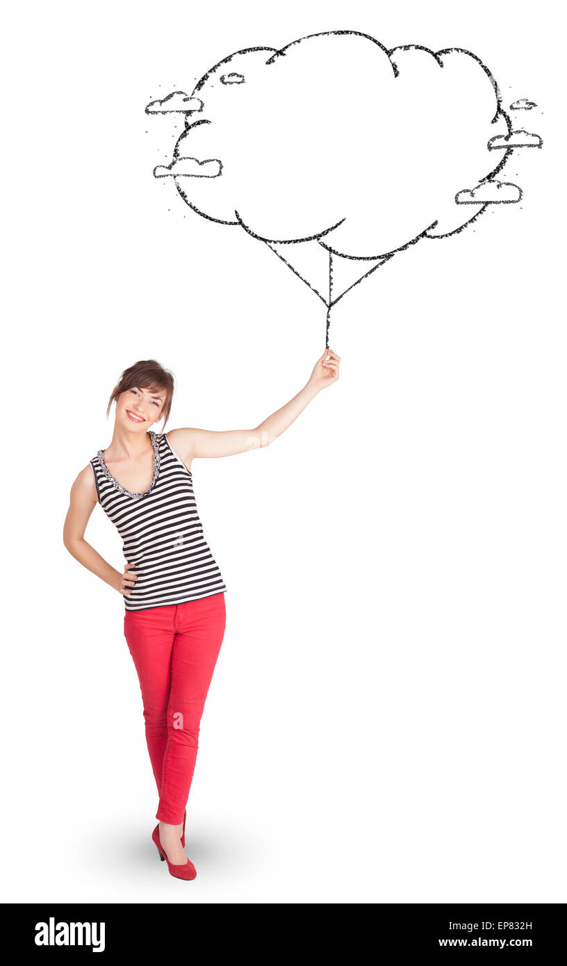 Young lady holding cloud balloon drawing Stock Photo - Alamy