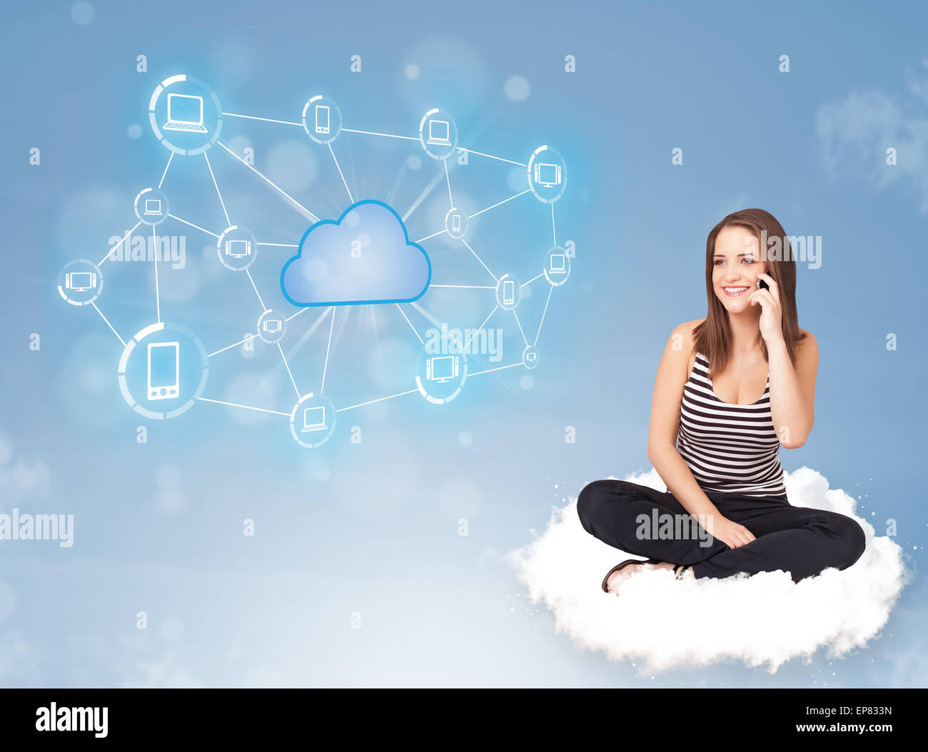 Happy woman sitting on cloud with cloud computing Stock Photo - Alamy