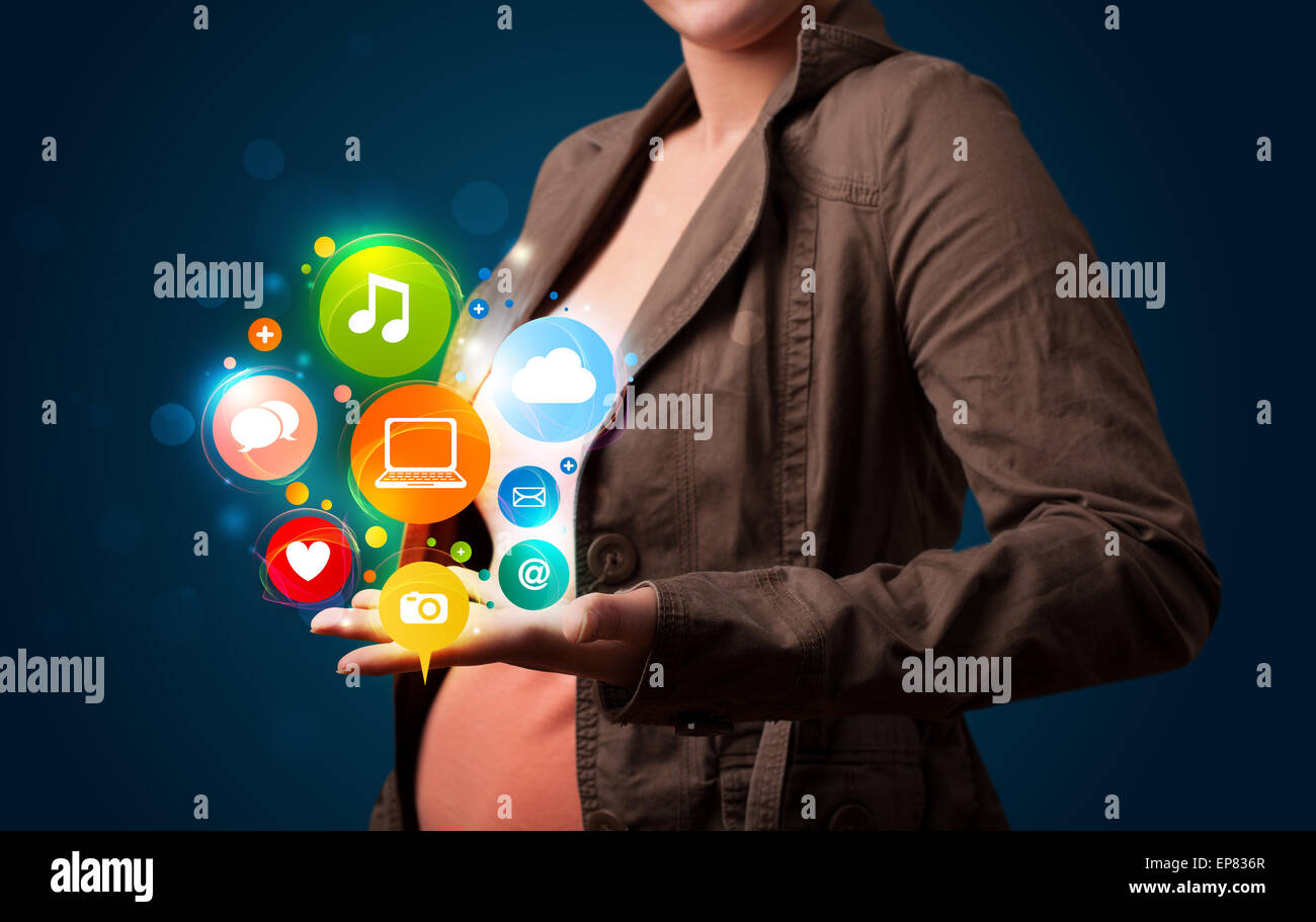 Young woman presenting colorful technology icons and symbols Stock ...