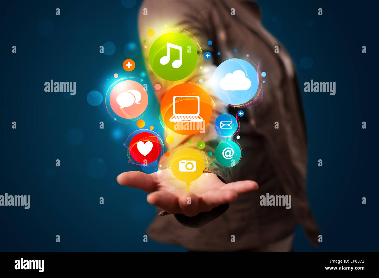 Young woman presenting colorful technology icons and symbols Stock ...