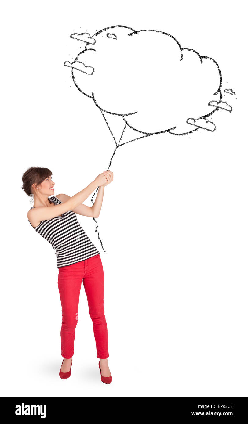 Young lady holding cloud balloon drawing Stock Photo - Alamy