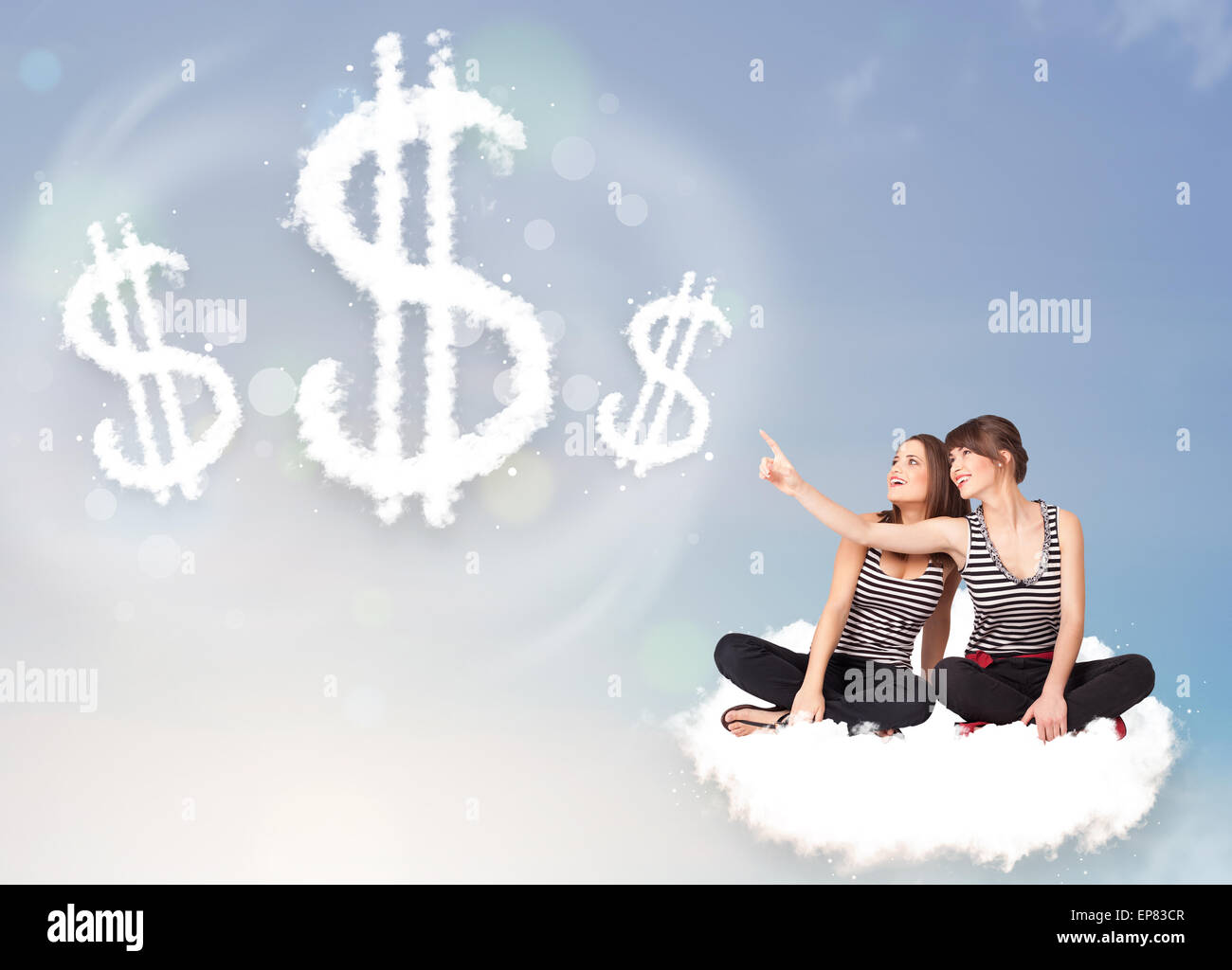 Young women sitting on cloud next to cloud dollar signs Stock Photo - Alamy