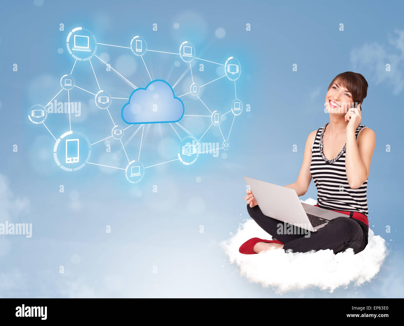 Happy woman sitting on cloud with cloud computing Stock Photo - Alamy