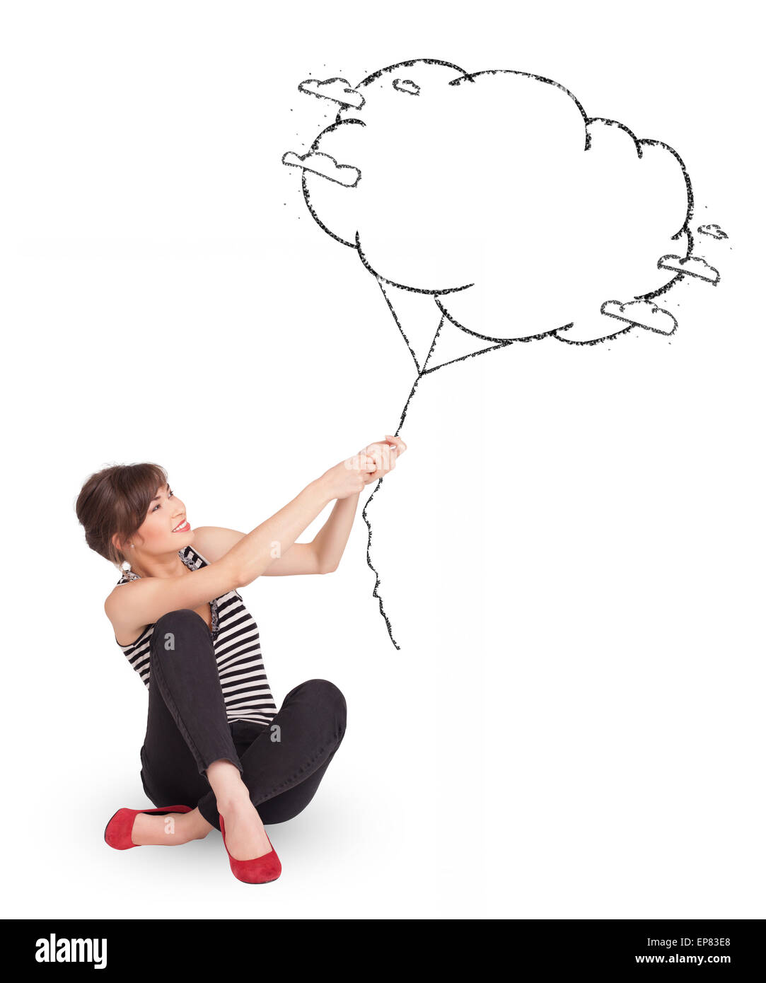 Young lady holding cloud balloon drawing Stock Photo - Alamy