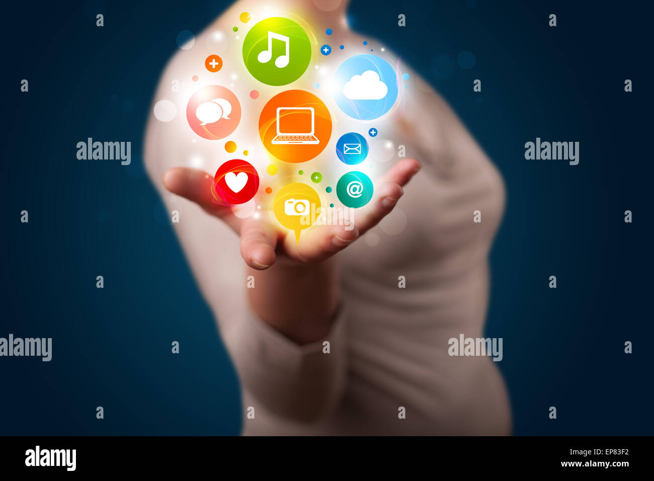 Young woman presenting colorful technology icons and symbols Stock ...