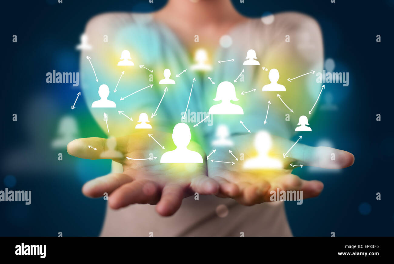 Young woman presenting modern technology social network map Stock Photo ...