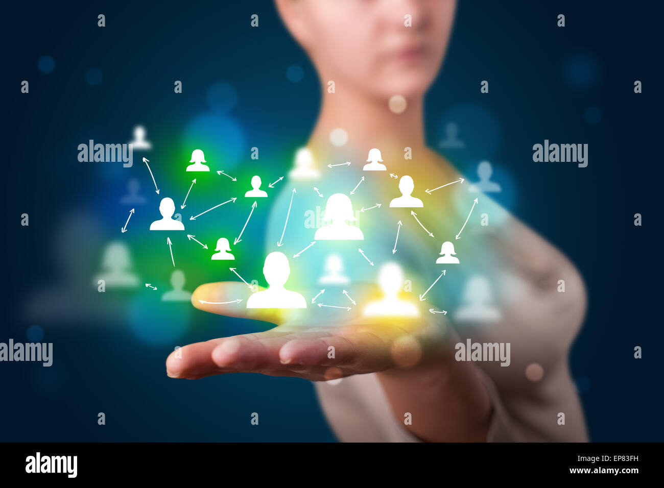 Young woman presenting modern technology social network map Stock Photo ...