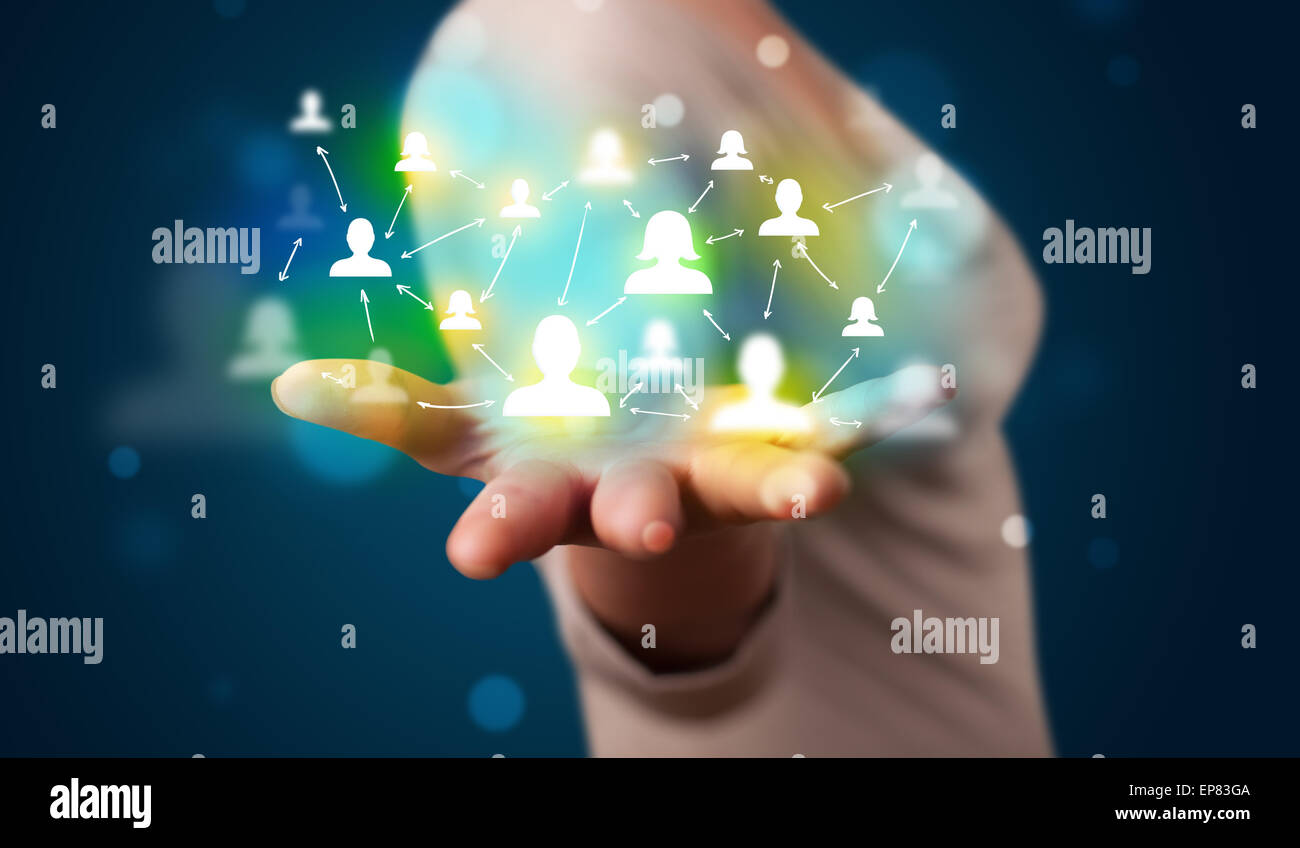 Young woman presenting modern technology social network map Stock Photo ...