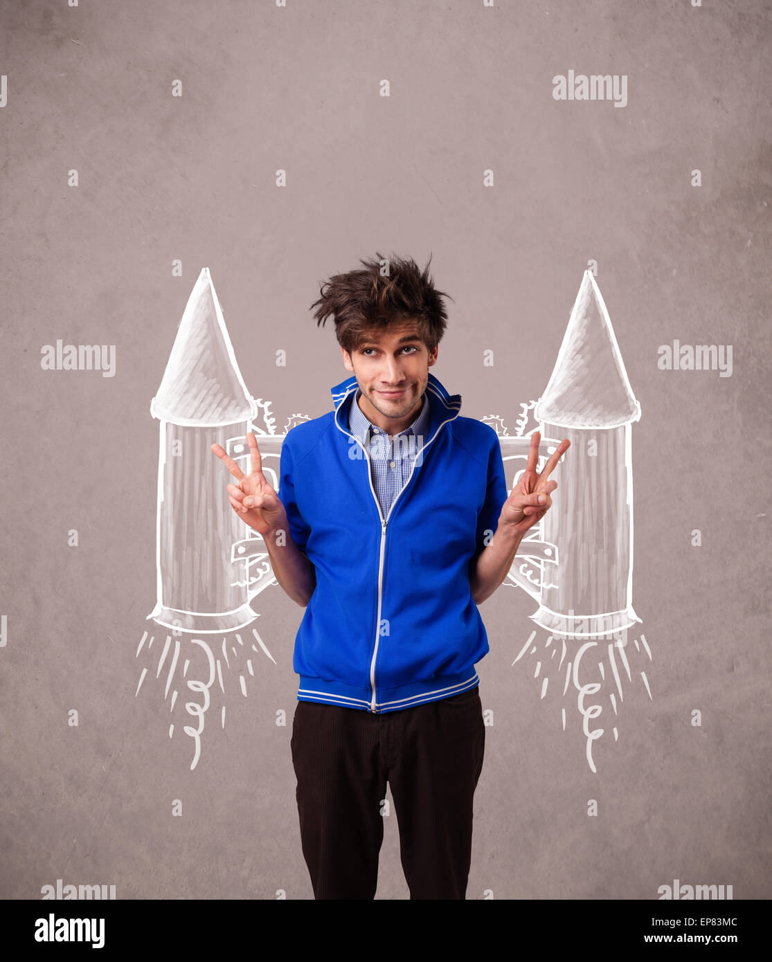 Cute man with jet pack rocket drawing illustration Stock Photo - Alamy