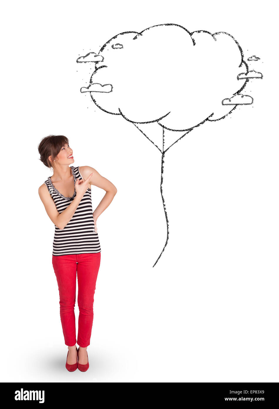 Young lady holding cloud balloon drawing Stock Photo - Alamy