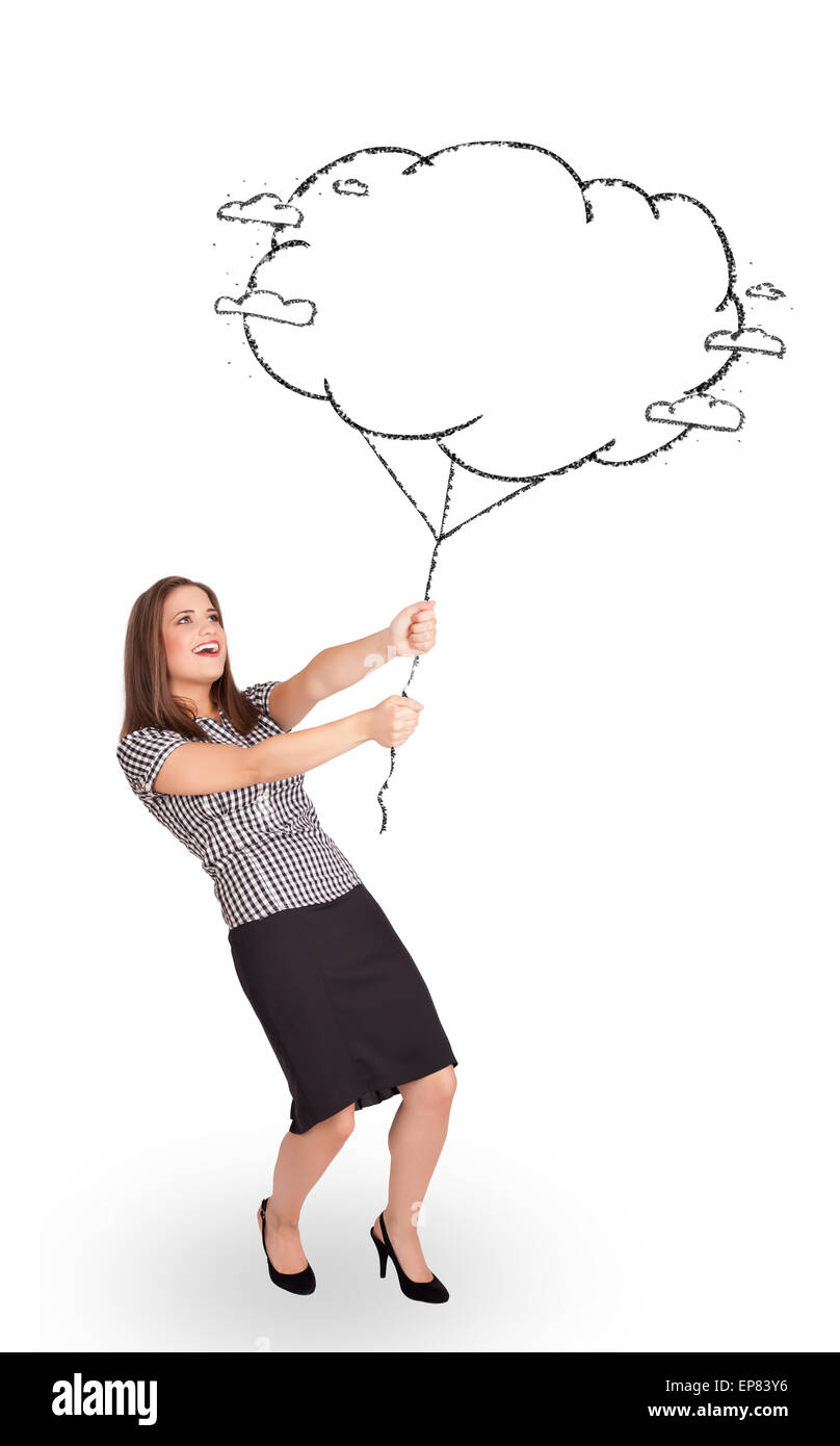 Young lady holding cloud balloon drawing Stock Photo - Alamy