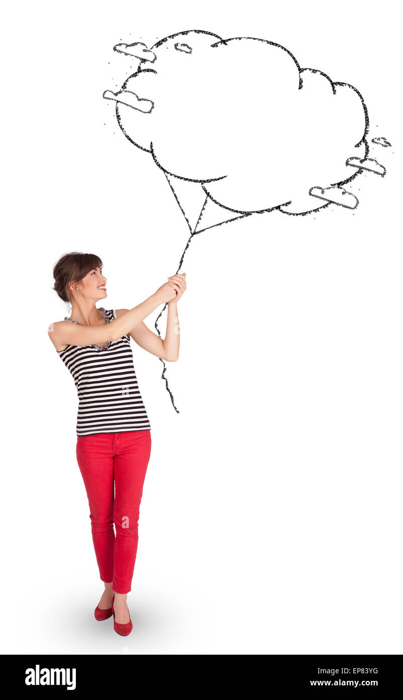 Young lady holding cloud balloon drawing Stock Photo - Alamy