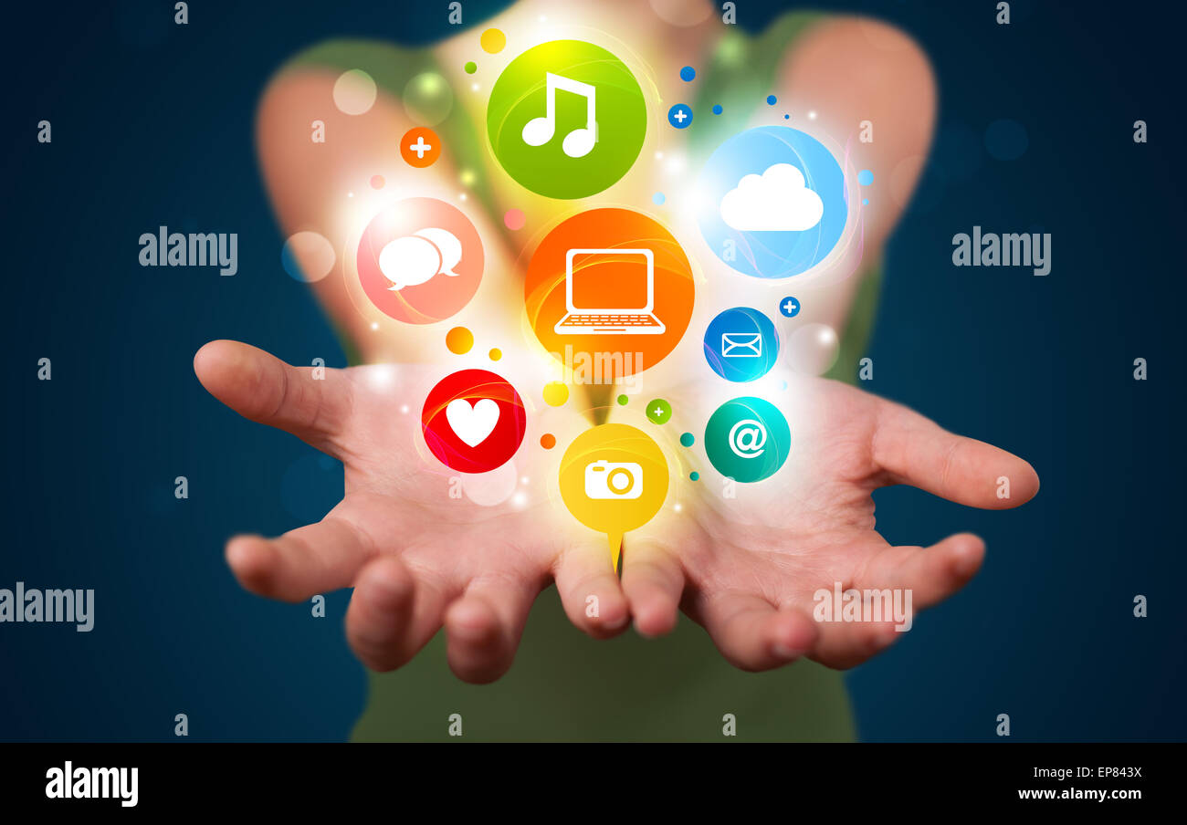 Young woman presenting colorful technology icons and symbols Stock ...