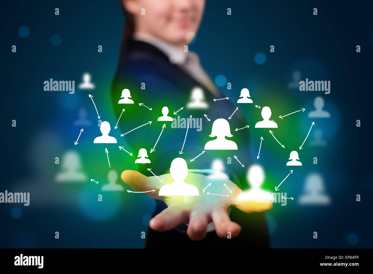 Young woman presenting modern technology social network map Stock Photo ...