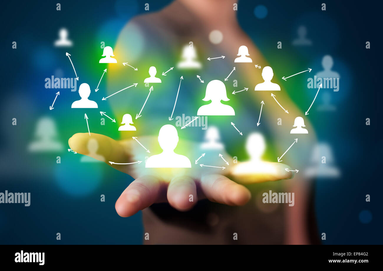 Young woman presenting modern technology social network map Stock Photo ...