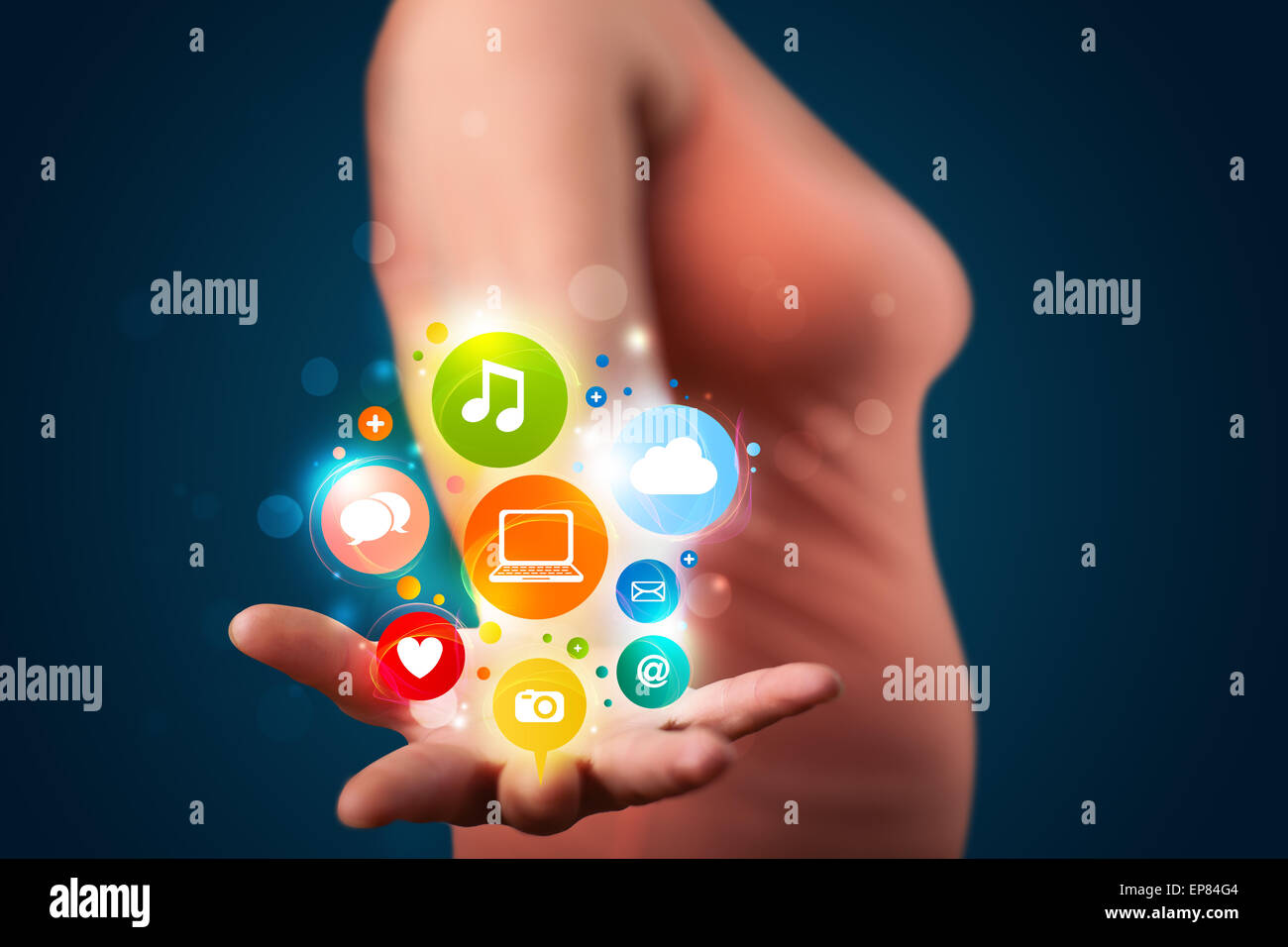 Young woman presenting colorful technology icons and symbols Stock ...