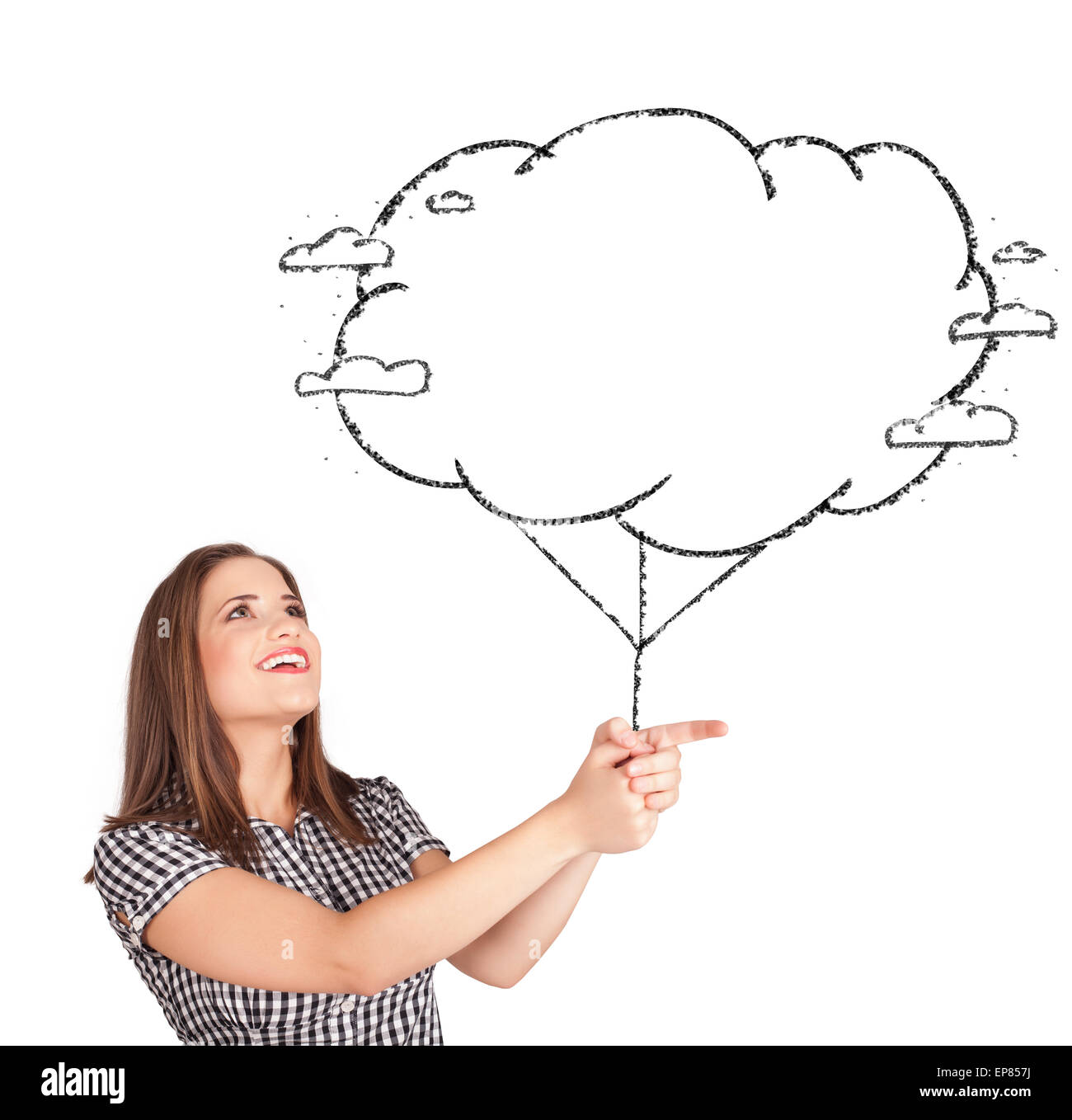 Young lady holding cloud balloon drawing Stock Photo - Alamy