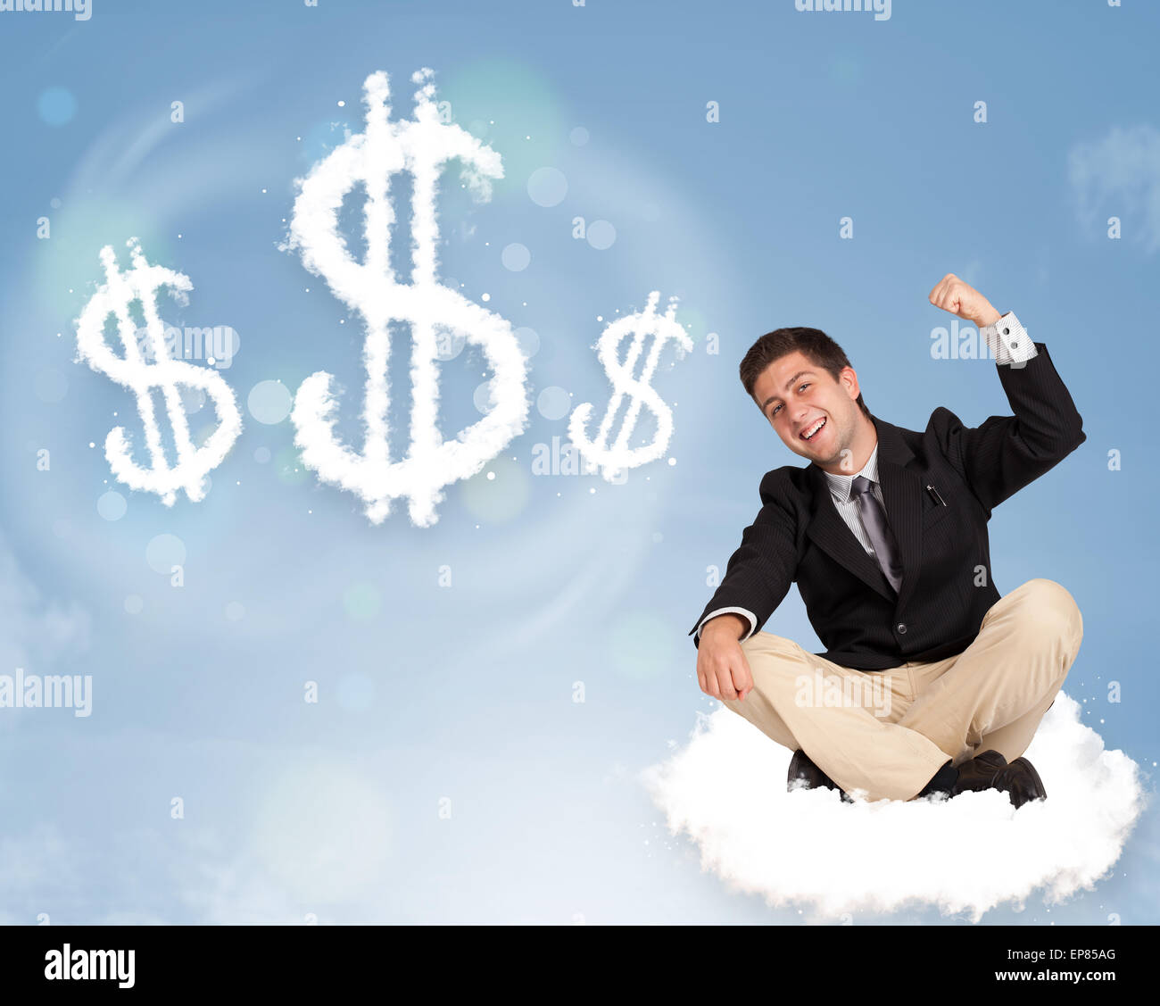 Attractive man sitting on cloud next to cloud dollar signs Stock Photo ...