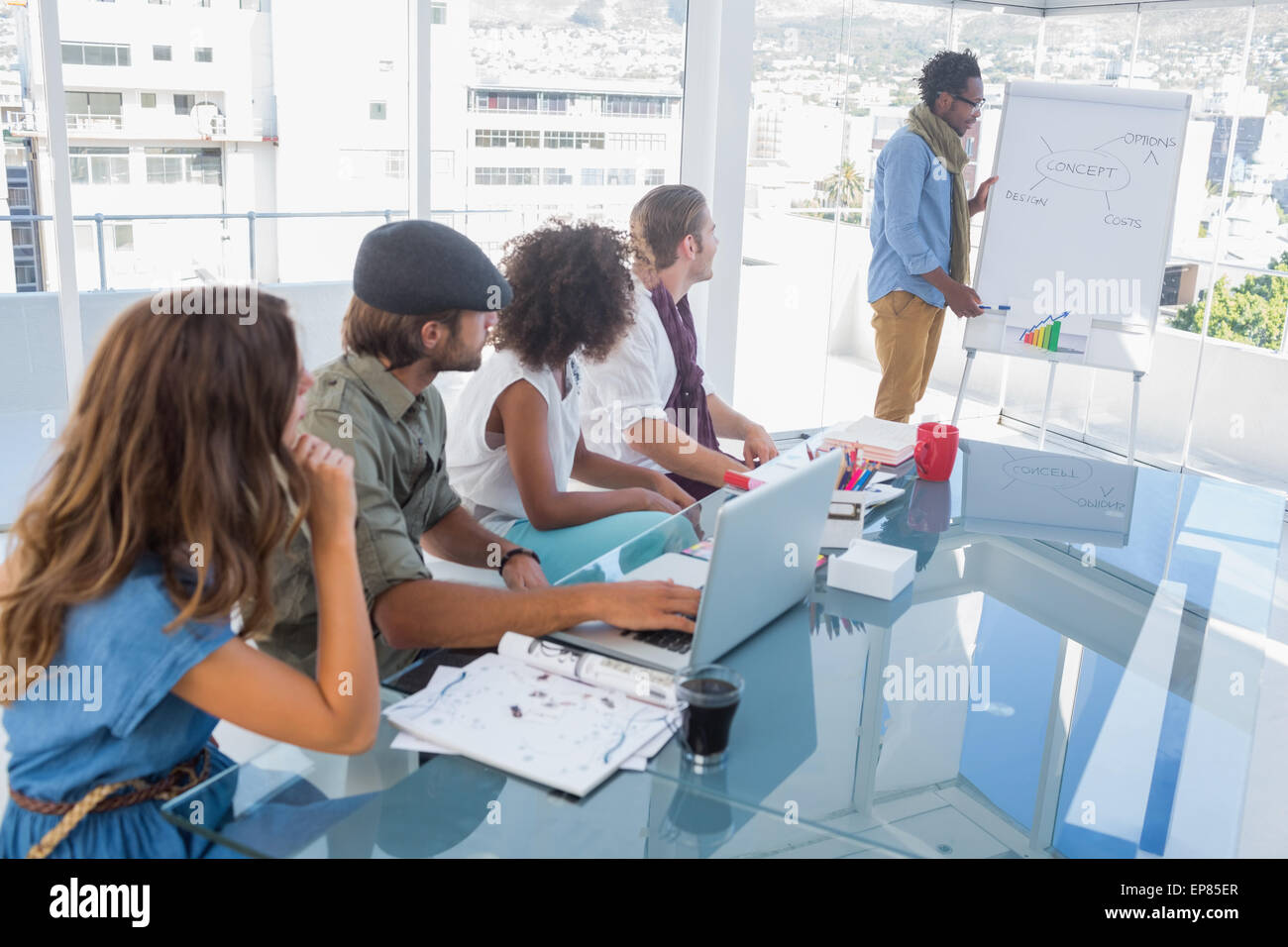 Designer presenting a flow chart on whiteboard Stock Photo - Alamy