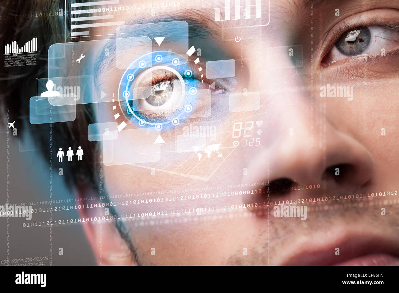 Futuristic modern cyber man with technology screen eye panel Stock ...