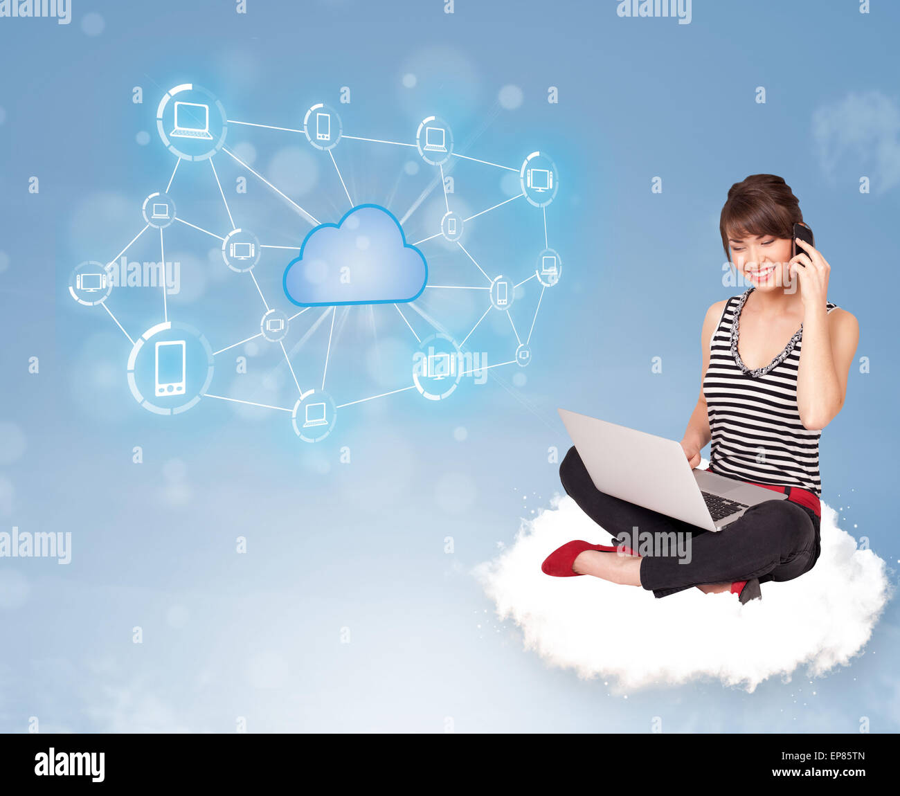 Happy woman sitting on cloud with cloud computing Stock Photo - Alamy