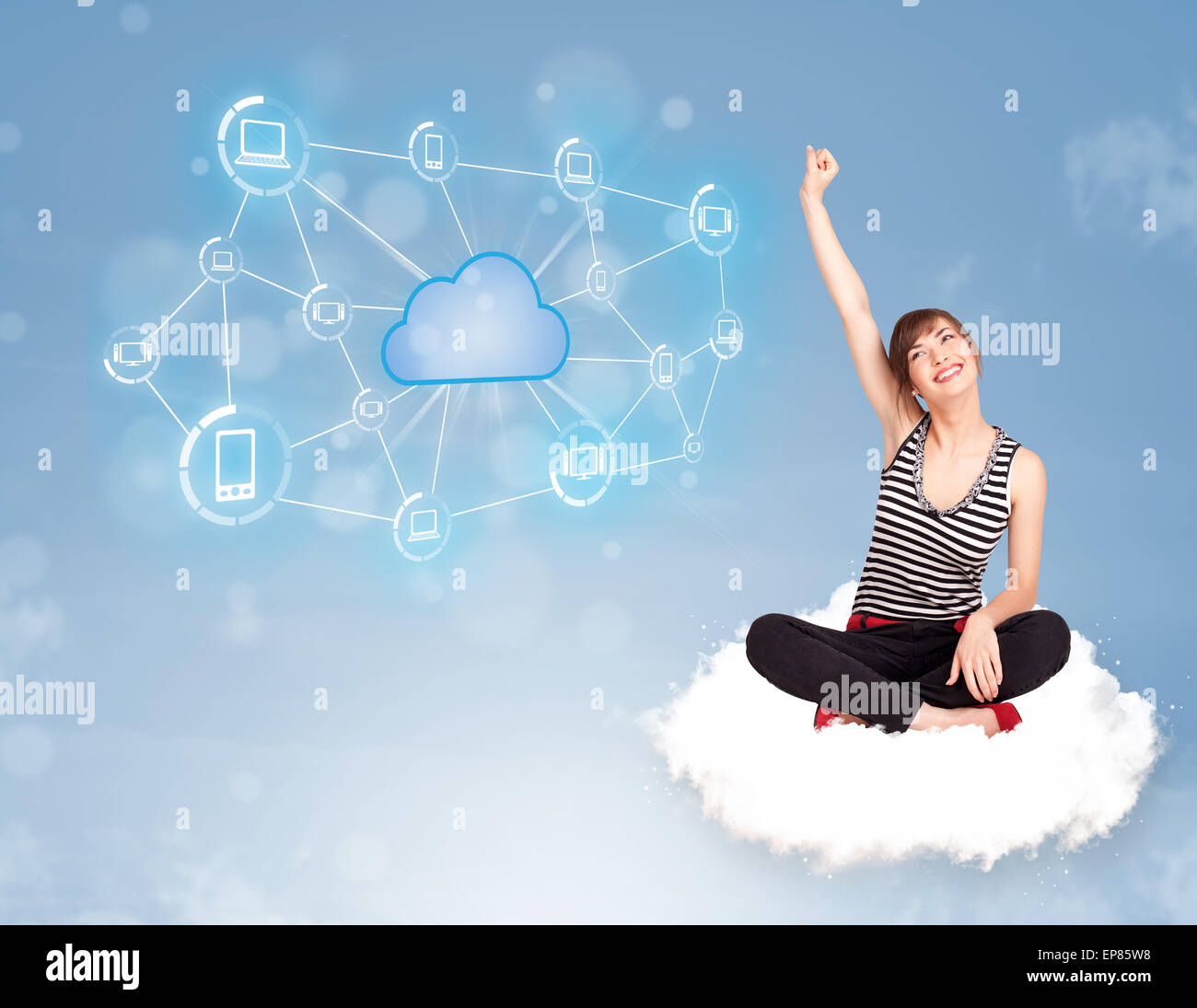 Happy woman sitting on cloud with cloud computing Stock Photo - Alamy