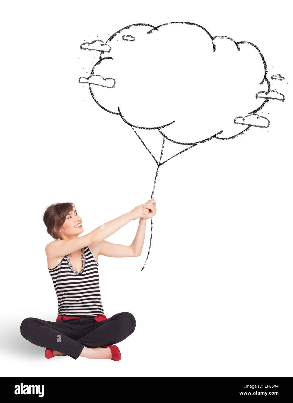 Young lady holding cloud balloon drawing Stock Photo - Alamy