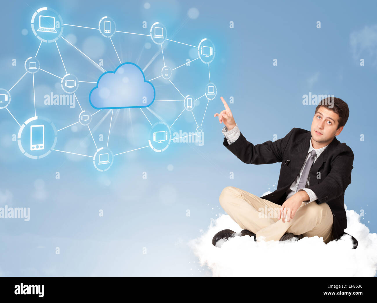 Happy businessman sitting on cloud with cloud computing Stock Photo - Alamy