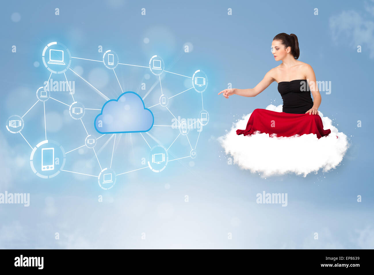 Happy woman sitting on cloud with cloud computing Stock Photo - Alamy