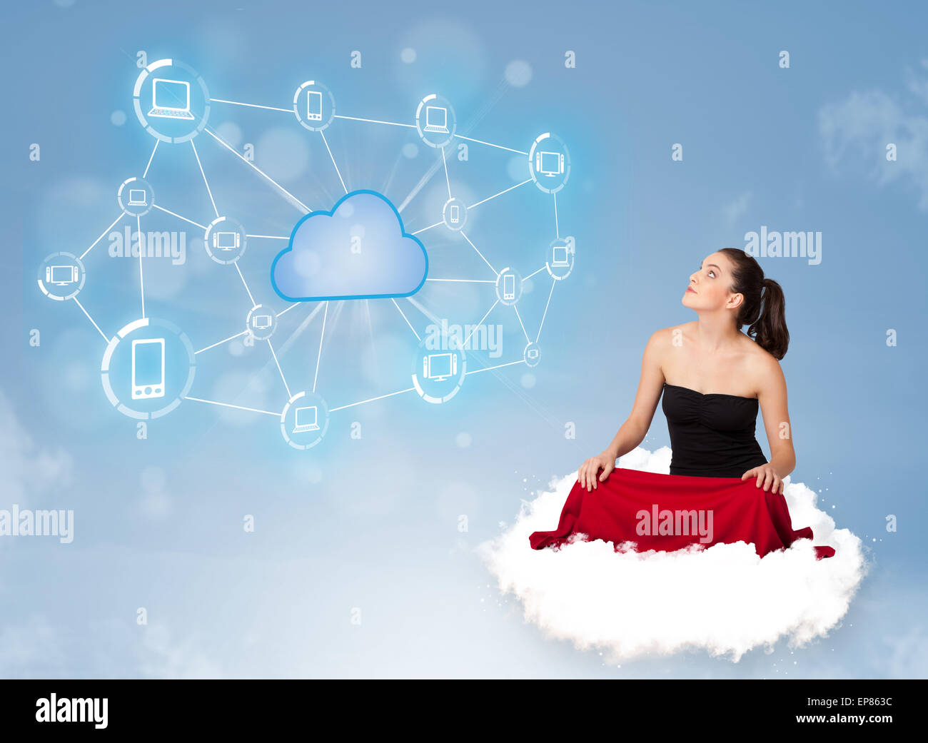 Happy woman sitting on cloud with cloud computing Stock Photo - Alamy