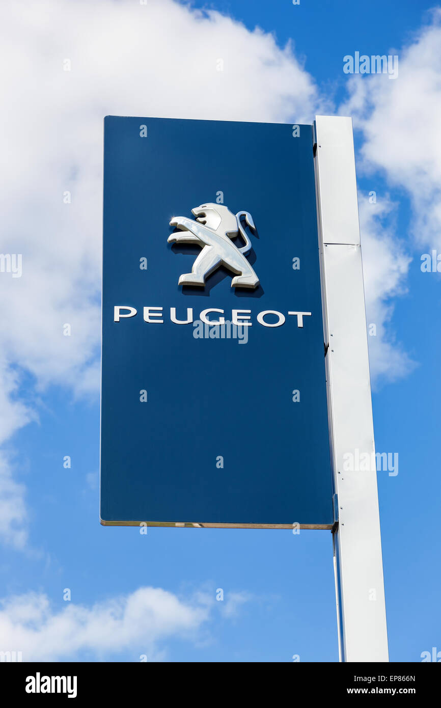 Official dealership sign of Peugeot. Peugeot is a French car brand ...