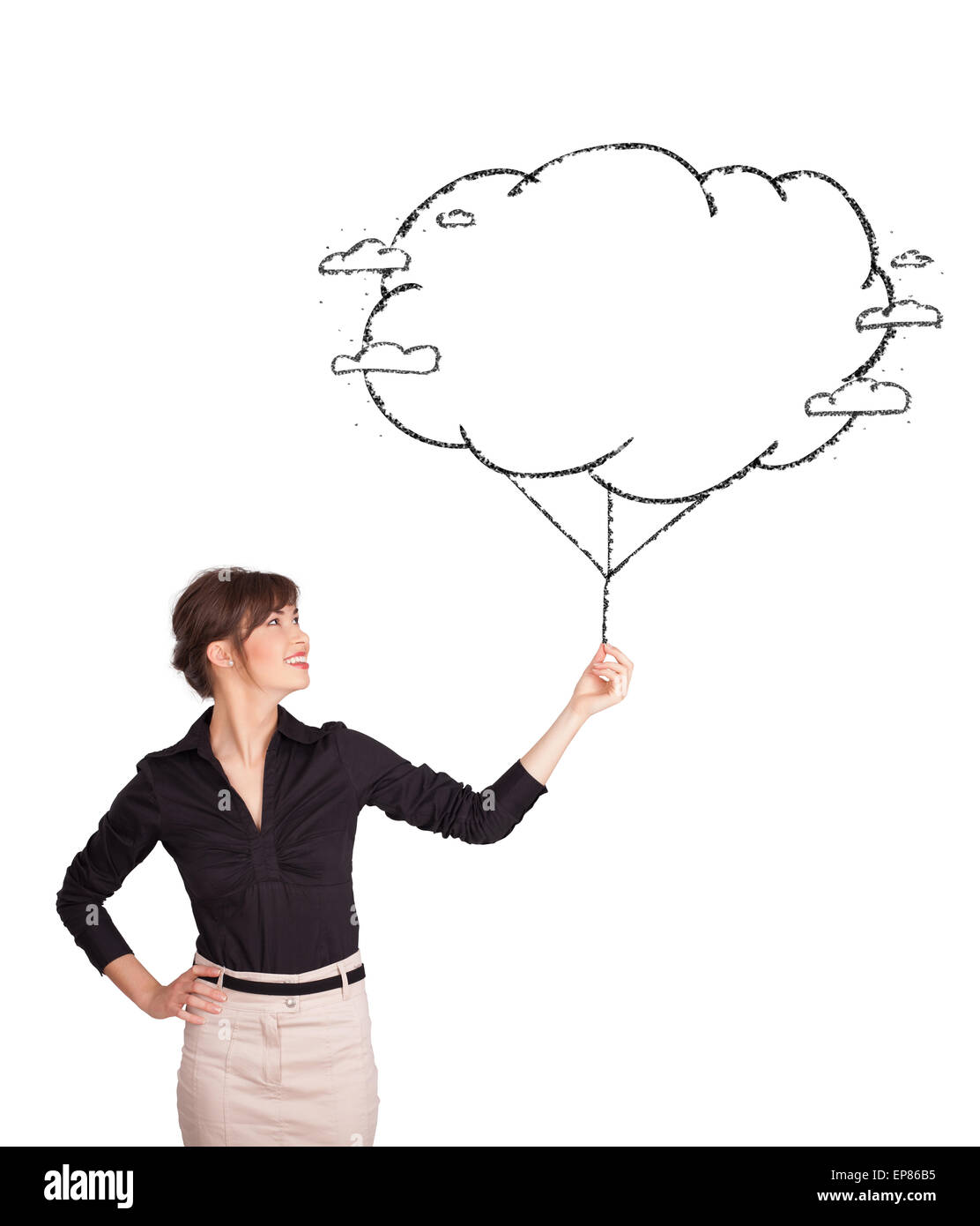 Young lady holding cloud balloon drawing Stock Photo - Alamy