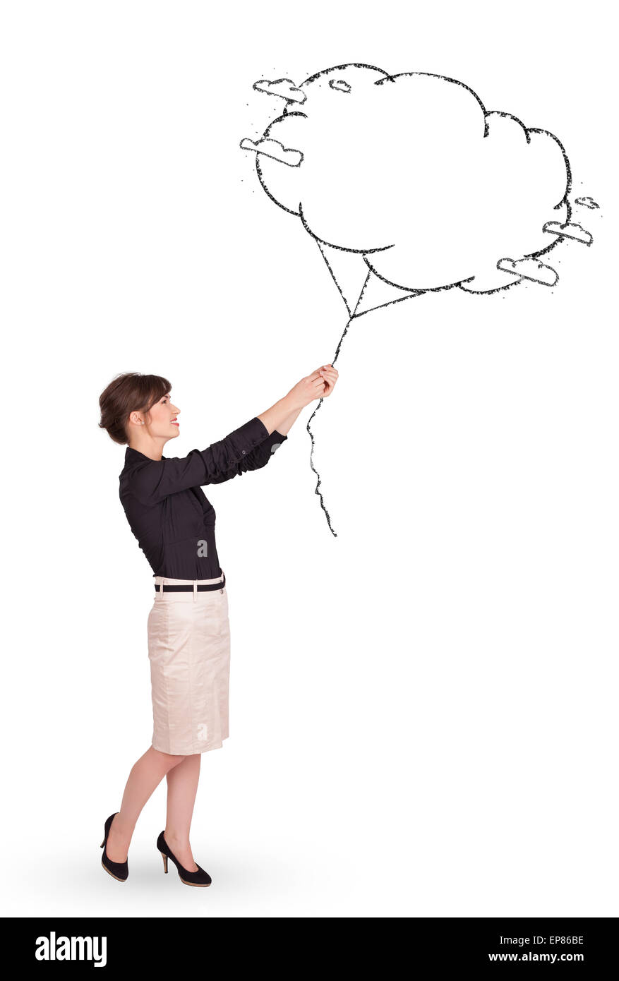 Young lady holding cloud balloon drawing Stock Photo - Alamy
