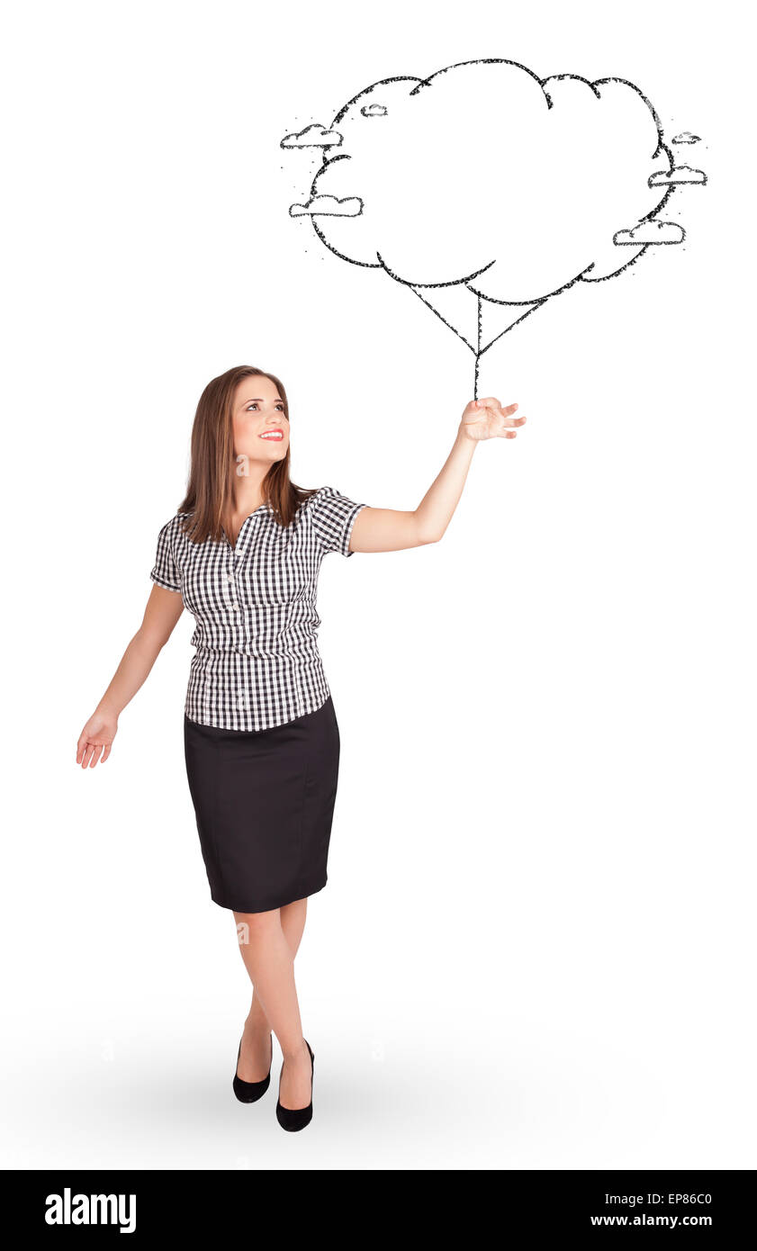Young lady holding cloud balloon drawing Stock Photo - Alamy