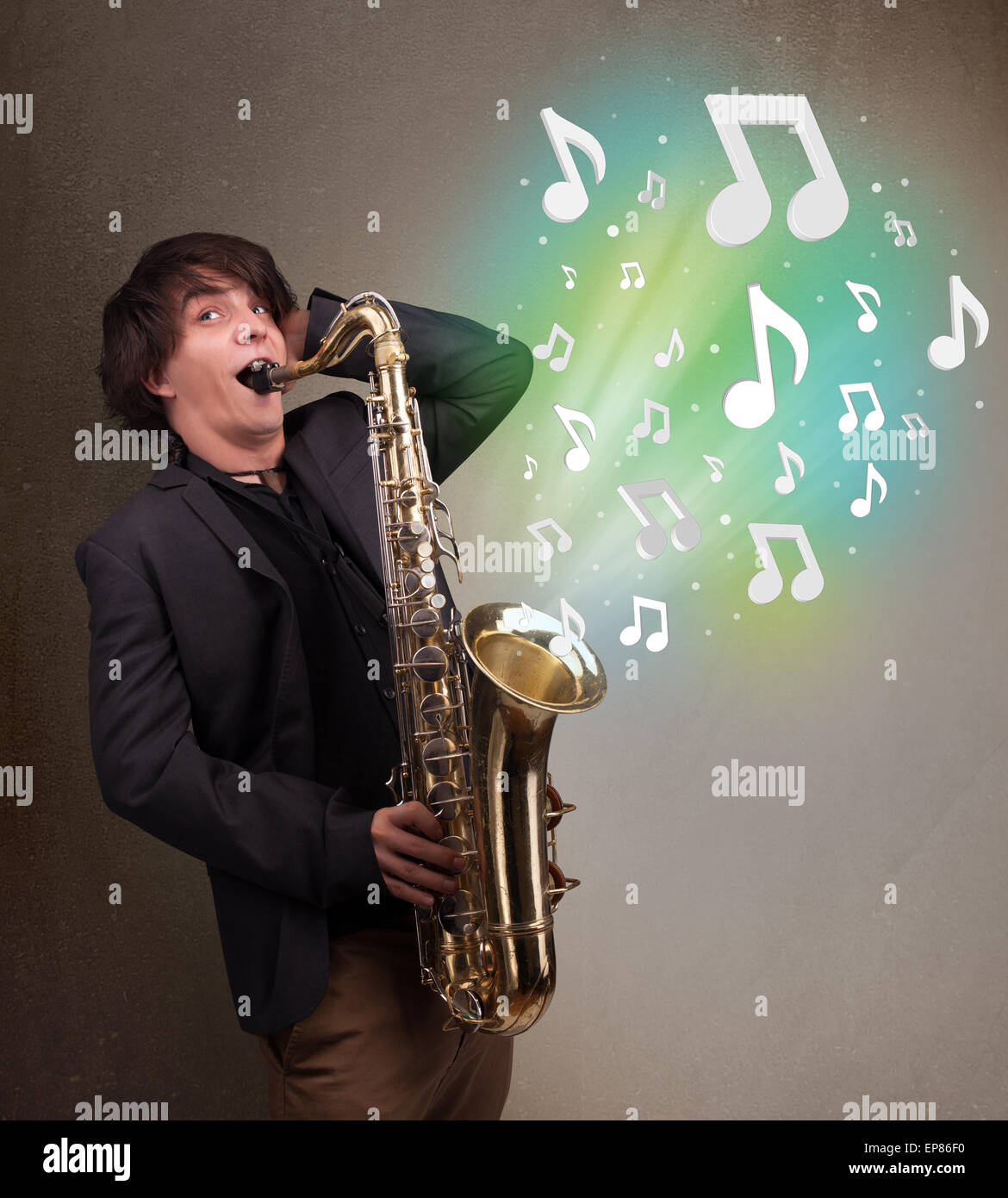 Young musician playing on saxophone while musical notes exploding Stock ...