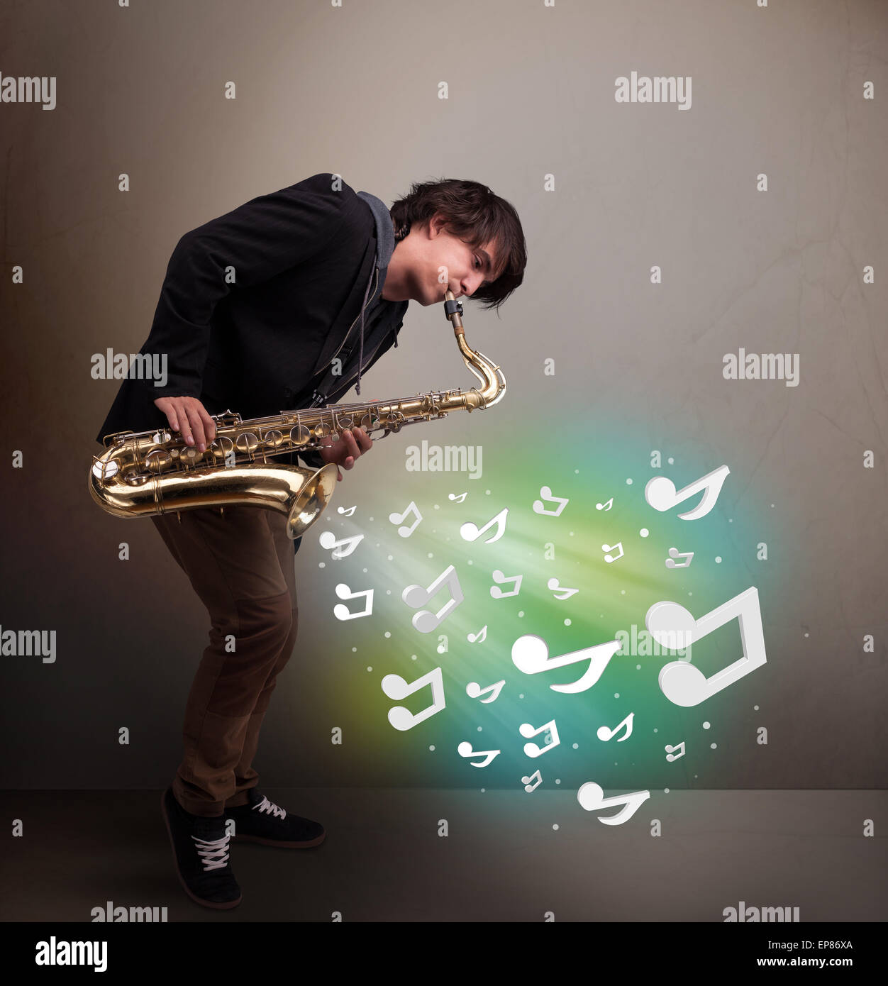 Young musician playing on saxophone while musical notes exploding Stock ...