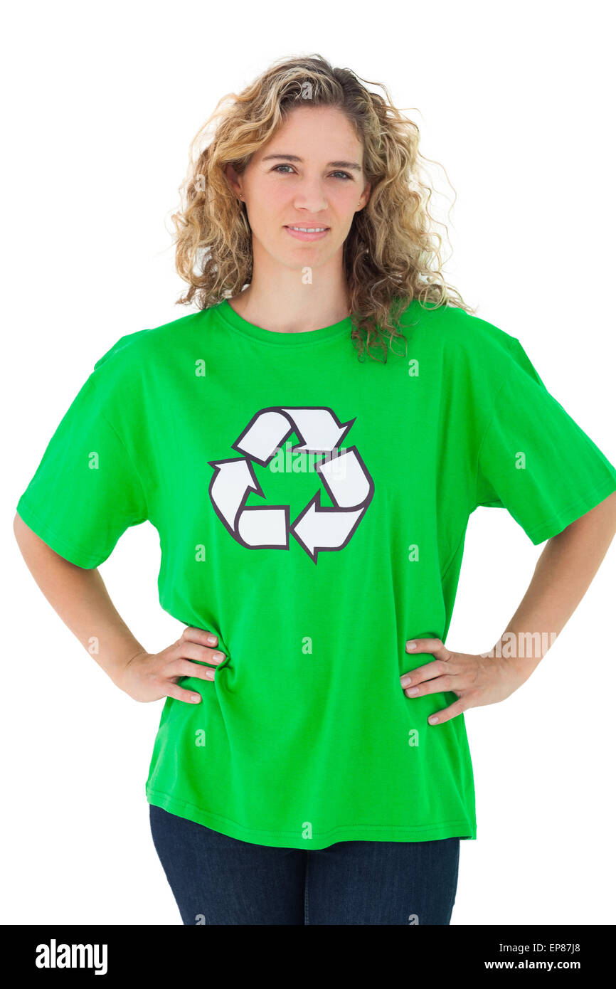 Environmental activist wearing green shirt with recycling symbol on it ...