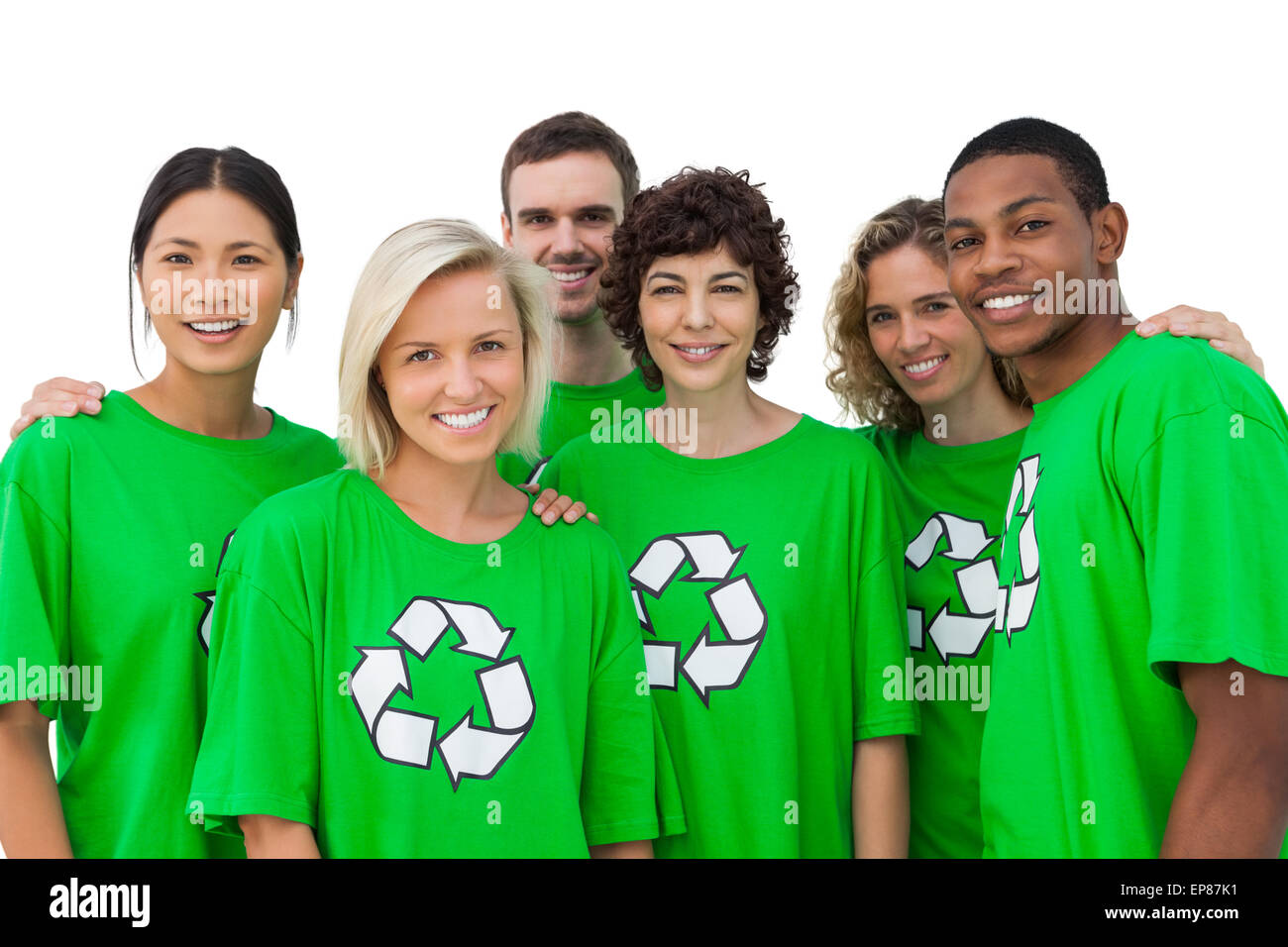 Group of smiling activists wearing green shirt with recycling symbol on ...
