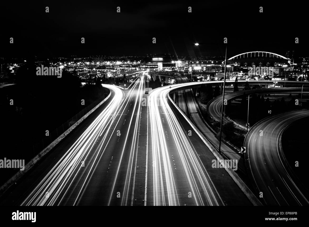 View of I-90 at night, from the Jose Rizal Bridge, in Seattle ...