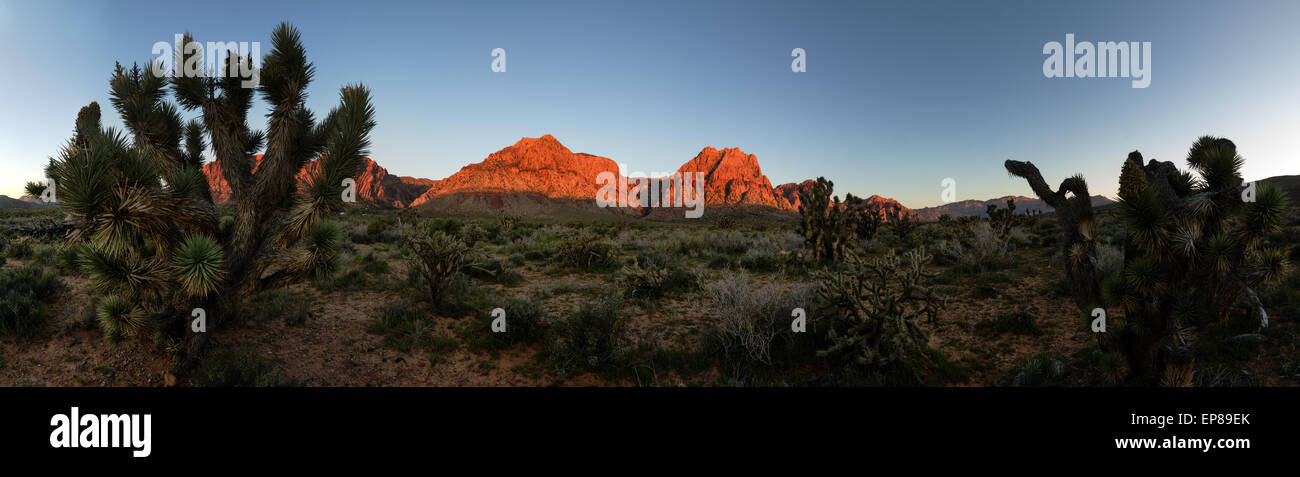 wide panorama of red rocks mountains lit by morning sunlight with ...
